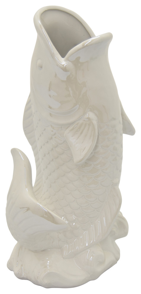 Plutus Brands Ceramic Fish Vase, White Porcelain - Beach Style - Vases ...