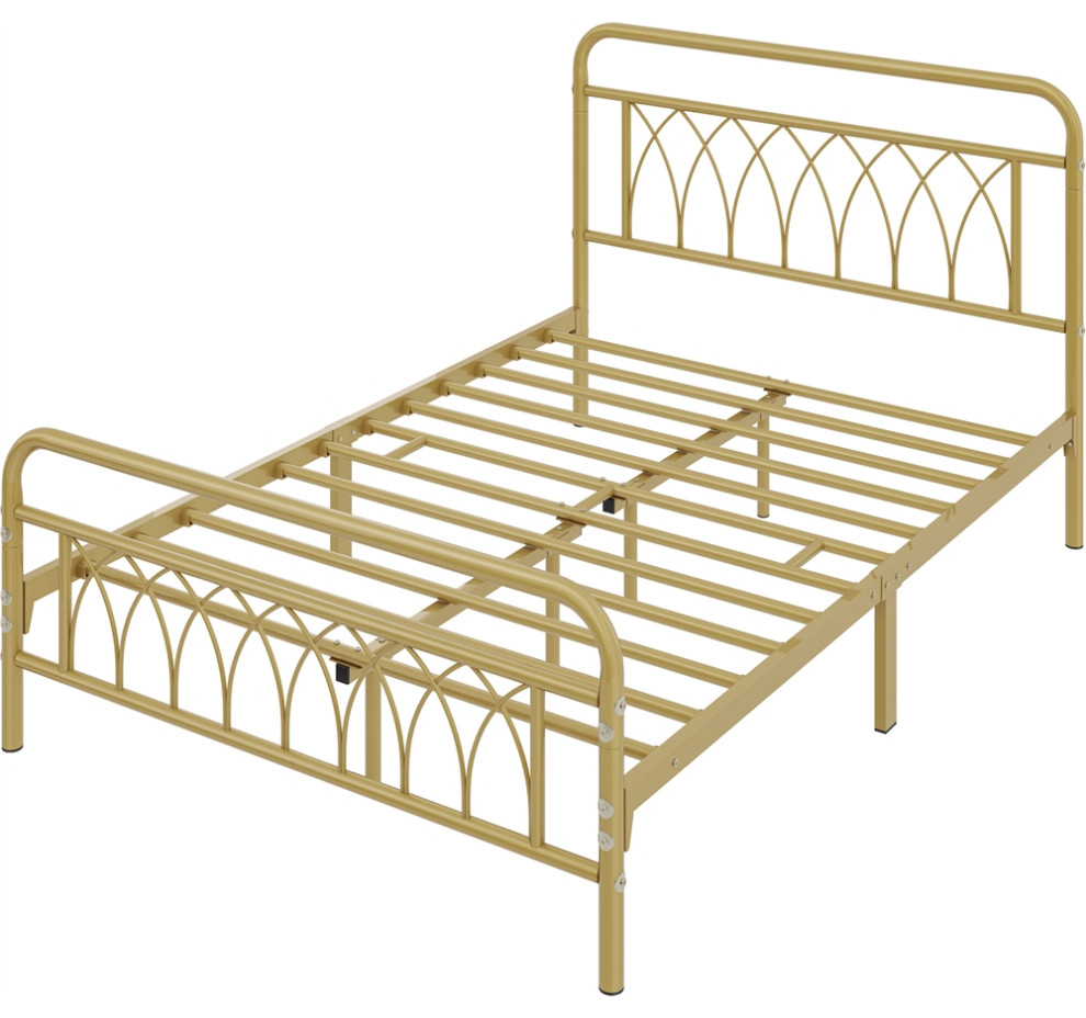 Unique Platform Bed, Metal Frame With Pedal Patterned Headboard, Full ...