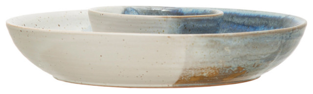 Hand-Painted Stoneware Chip and Dip, Reactive Glaze, Cream/Blue ...