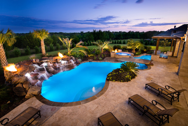 Resort Style Freeform Pool with Fire Bowls and Swim up Bar - Exotique ...