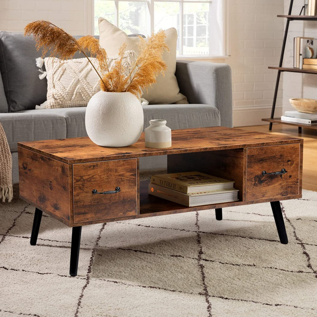 2-Tier Coffee Table with 2 Drawers and Open Storage Shelf ...