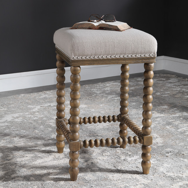 Luxe Retro Style Spindle Turned Leg Counter Stool | Plush Ivory Bar ...