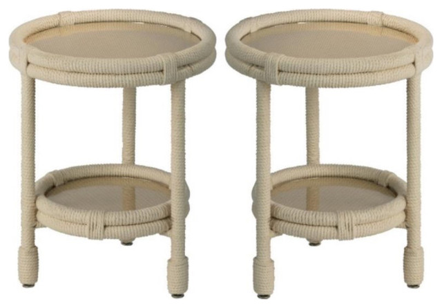 Home Square 2-Shelf Coastal Rattan & Rope Side Table in White - Set of ...