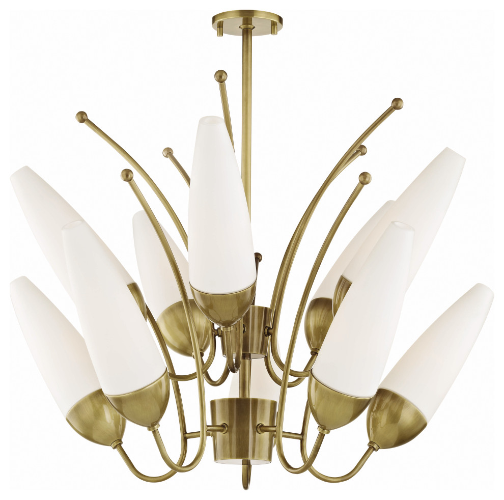 Amee 10-Light Chandelier Aged Brass Finish Opal Matte Glass Shade ...