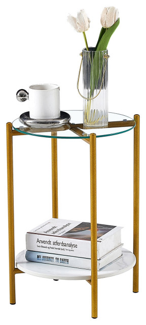 2-Layer End Table With Tempered Glass Tabletop Transparent & White ...