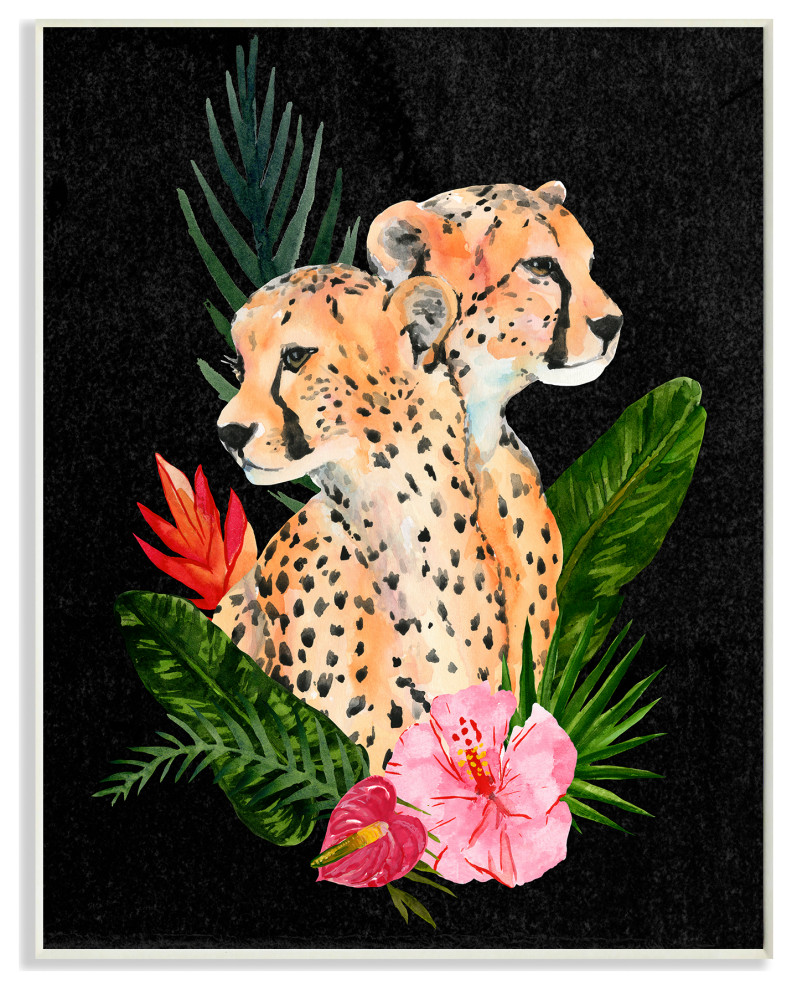Cheetah Couple Pink Flower Animal Painting, 10"x15" - Tropical - Prints ...