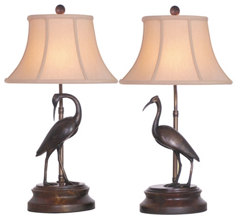Pair Table Lamps - 2 Casting Bronze Cranes with Jade Base 23"H 14"W ...