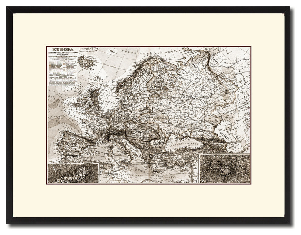 Europe Vintage Old Sepia Map Print On Canvas With Black Custom Frame ...