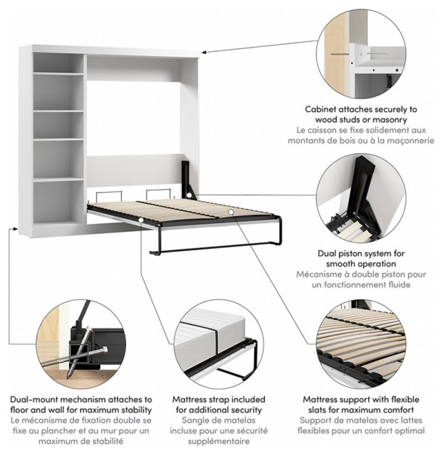 Bestar Pur Full Murphy Bed with Shelving Unit (84W) in White, Full ...