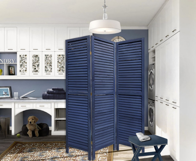 HomeRoots 3 Panel Dark Blue Shutter Screen Room Divider - Contemporary ...
