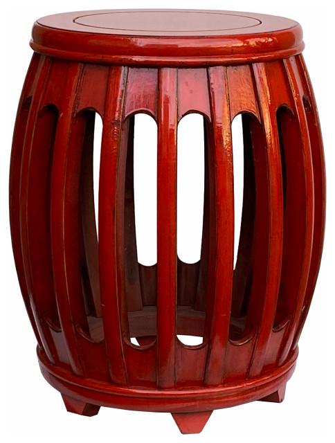Chinese Oriental Distressed Red Round Barrel Wood Stool Table Hcs7043 ...
