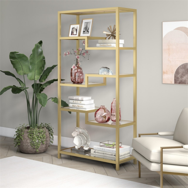 Henn&Hart 68" 5-Tier Brass Metal Book Case with Glass Top Shelves ...