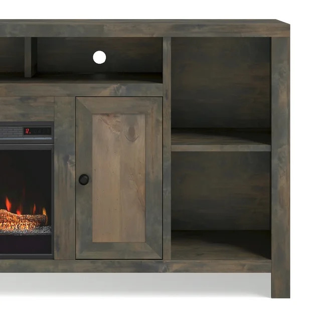 84" Modern Rustic TV Stand with Electric Fireplace, Real Wood Solids ...