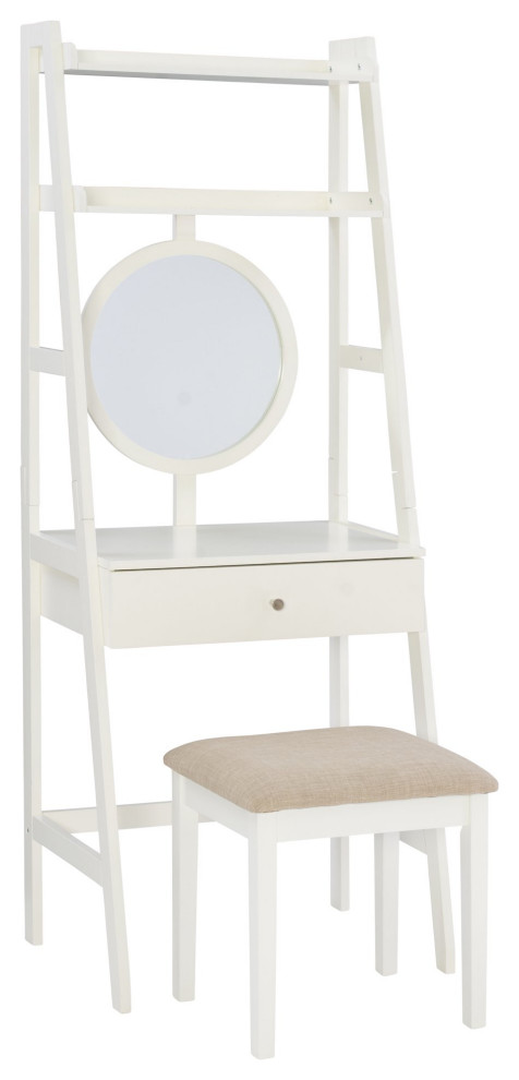 Unique Vanity Set, Ladder Design With Cushioned Stool & Rounded Mirror ...