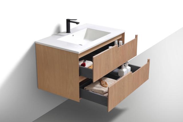 Fiore Wall Mount Modern Bathroom Vanity, Oakwood, 36" - Contemporary ...