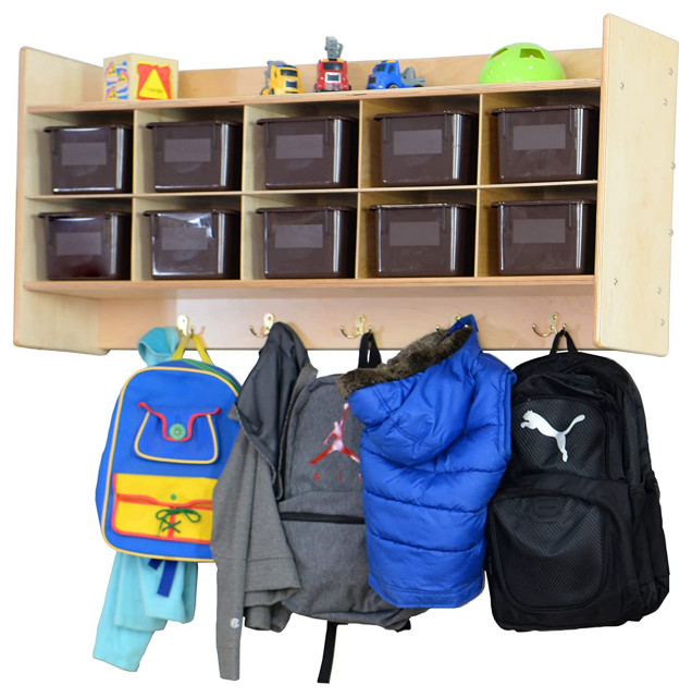 10 Section Wood Cubbies Storage, Brown Bins, Wall Hanging Organizers ...