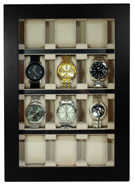 12 Piece Black Ebony Wood Watch Wall Hanging Display Case and Storage ...