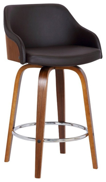 Benjaza 26" Transitional Wood & Leather Swivel Counter Stool in Brown ...