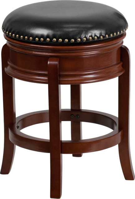 24'' High Light Cherry Counter Height Stool Carved Apron,Black Leather ...