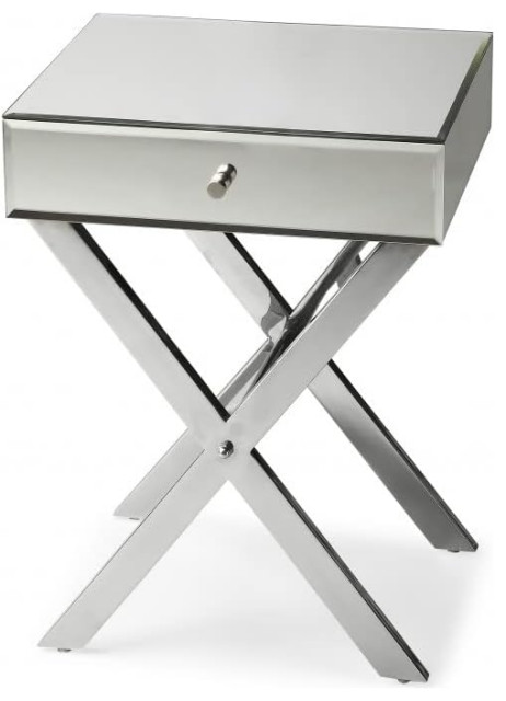 Contemporary End Table, X-Shaped Design With Square Glass Top & Drawer ...