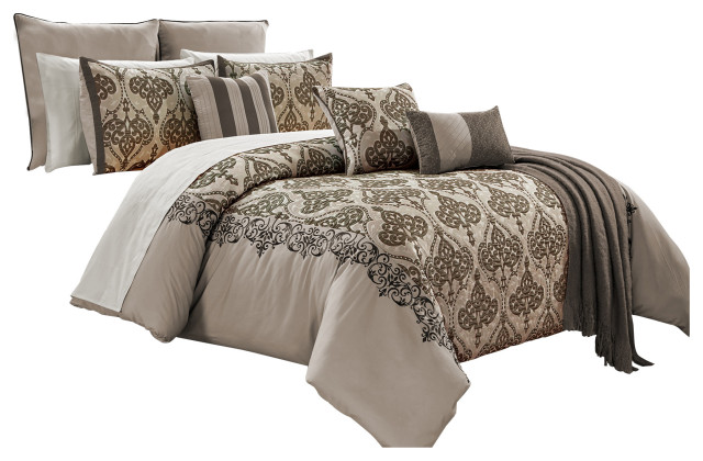 14 Piece Queen Polyester Comforter Set with Jacquard Print Design ...