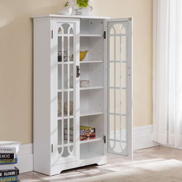White Display Cabinet with Windowpane Glass Doors - Transitional ...