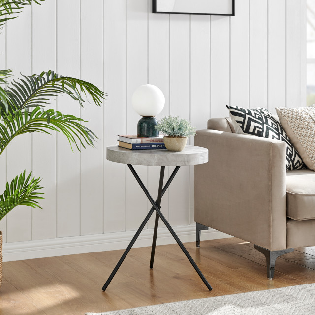 Circular Modern Grey Concrete Finish Black Metal Legs Accent Table ...
