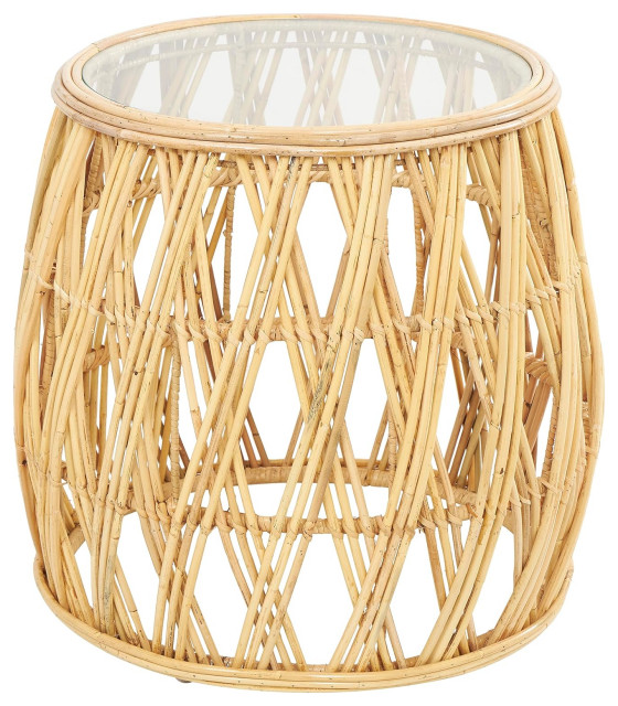 Unique Accent End Table, Rattan Frame With Crossed Pattern & Glass Top ...