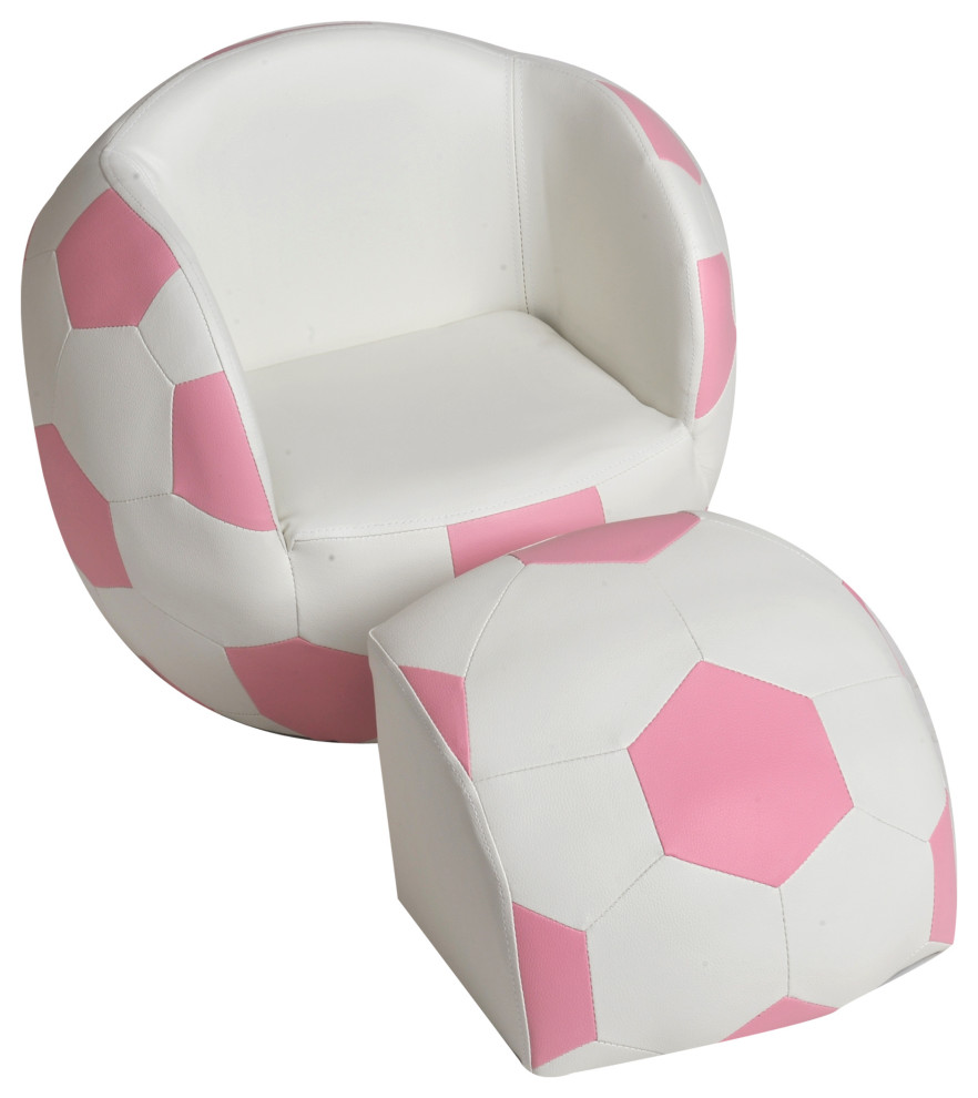 Children'S Pink And White Soccer Chair W Pull Out Ottoman ...