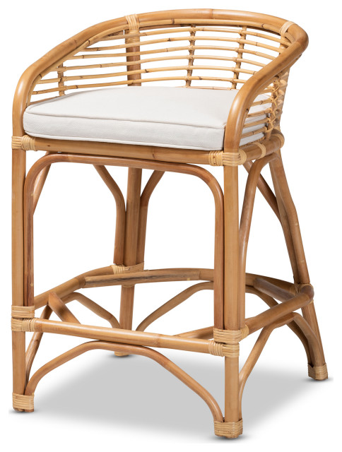 Maverick Bohemian White Fabric Upholstered Natural Brown Rattan Counter ...