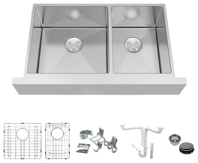 Transolid Diamond 35.9"x20.3" Double Bowl Farmhouse Sink Kit in ...