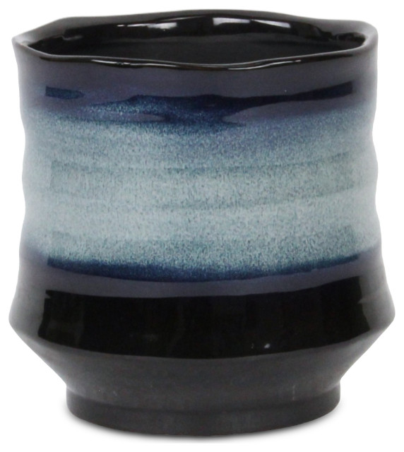 Blue Ceramic Pot with Curved Design - Contemporary - Outdoor Pots And ...