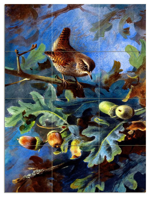 Tile Mural WREN oak acorns branches Kitchen Backsplash, 4.25" Ceramic ...
