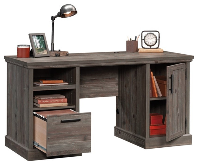 Pemberly Row Engineered Wood Computer Desk in Pebble Pine/Brown - Farmhouse - Desks And Hutches ...