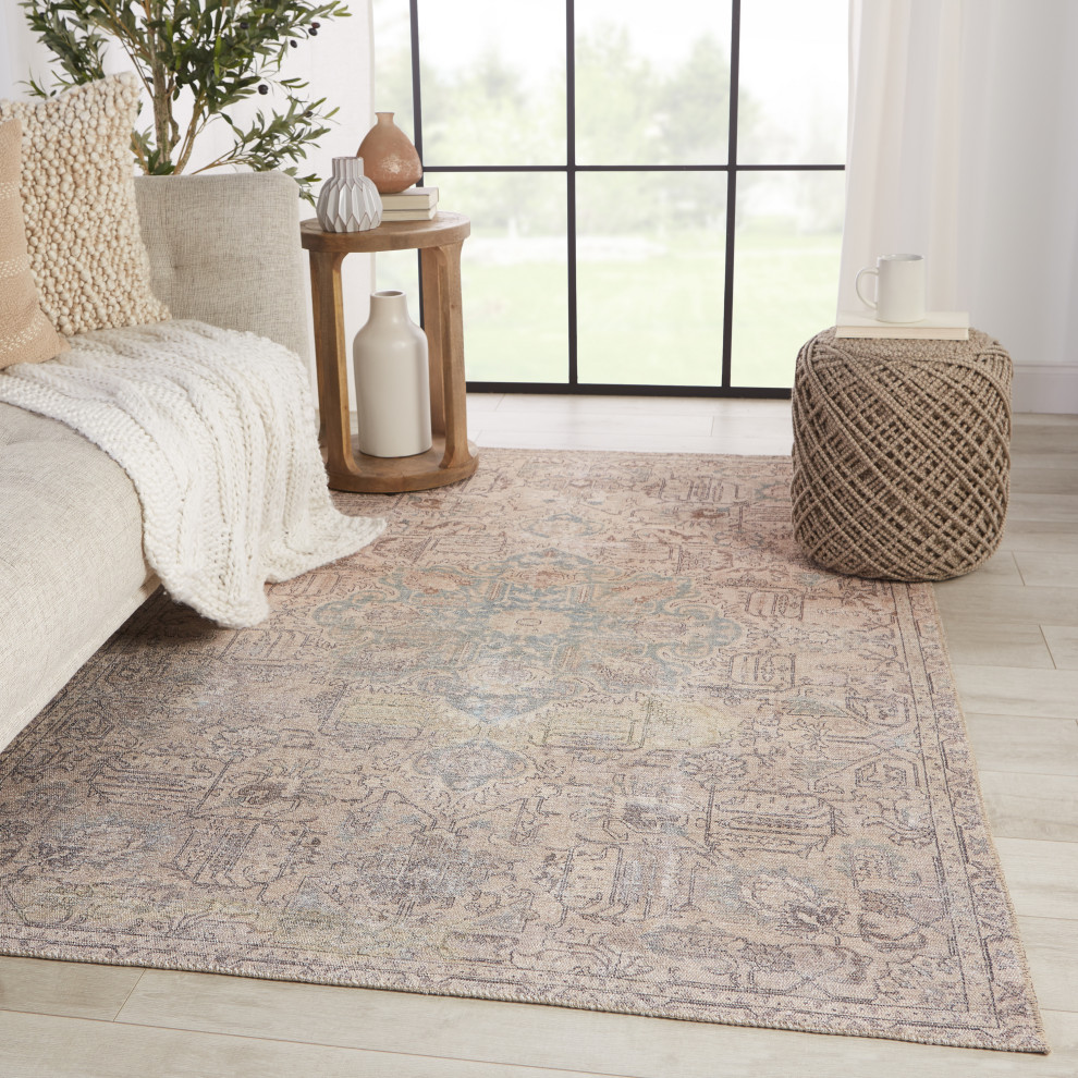 Machine Washable Parisa Medallion Light Blue and Light Tan Area Rug, 5 ...