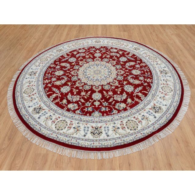 Cherry Red, Wool and Silk Hand Knotted, Nain 250 KPSI Round Rug, 8'0"x8 ...