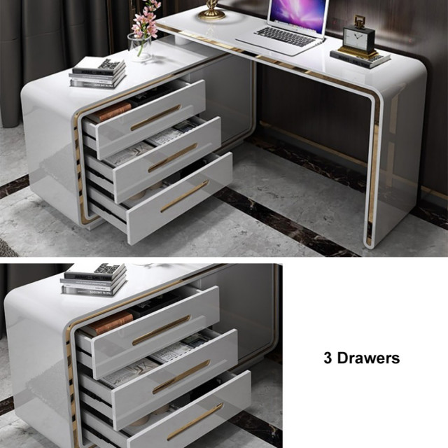 47" L-Shaped Desk Corner Rotating White Office Desk With 3 Drawers and ...