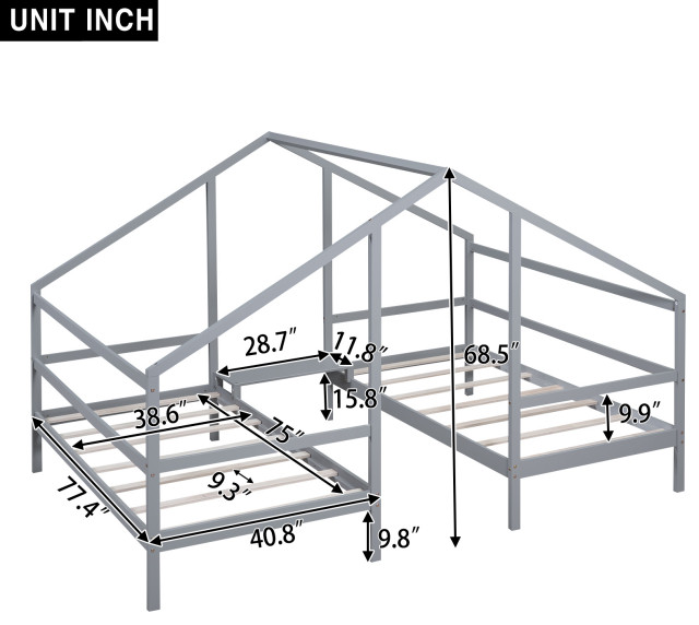 TATEUS Double Twin Size Triangular House Beds with Built-in Table,White ...