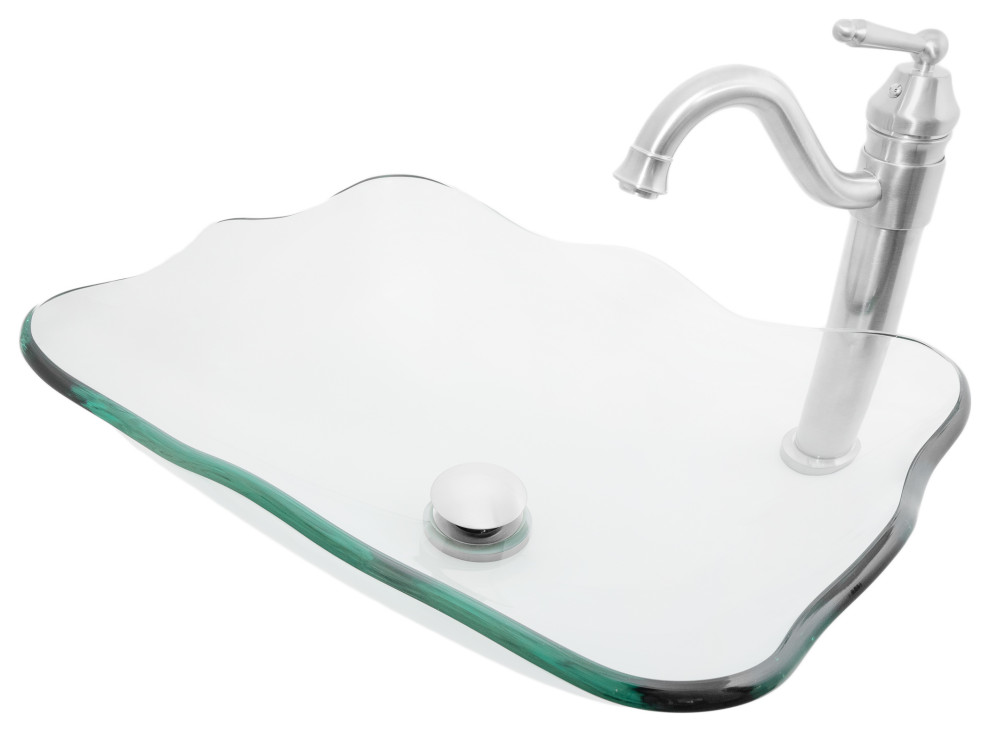 Clear Scalloped Tempered Glass Vessel Bathroom Sink with Faucet and ...