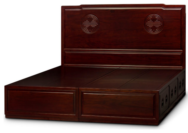 Dark Cherry Elmwood King Size Chinese Longevity Platform Bed 6 Drawers ...