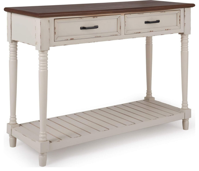 Farmhouse Console Table, Turned Legs With Slatted Shelf & 2 Drawers ...