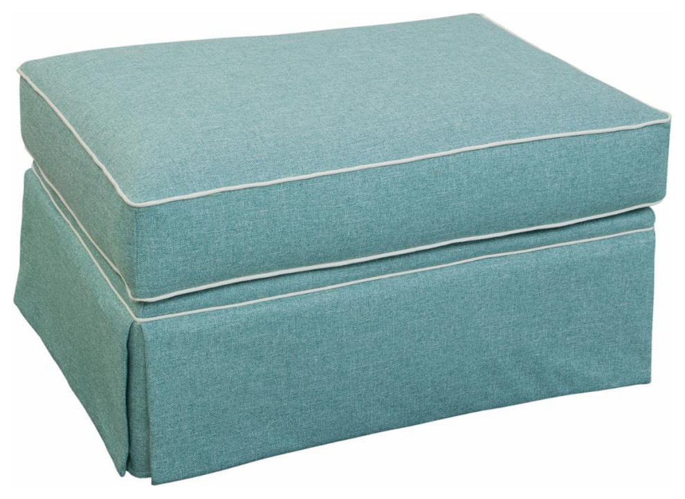 Classic Ottoman, Aqua Linen Upholstered Seat With Ivory Piping Accents ...