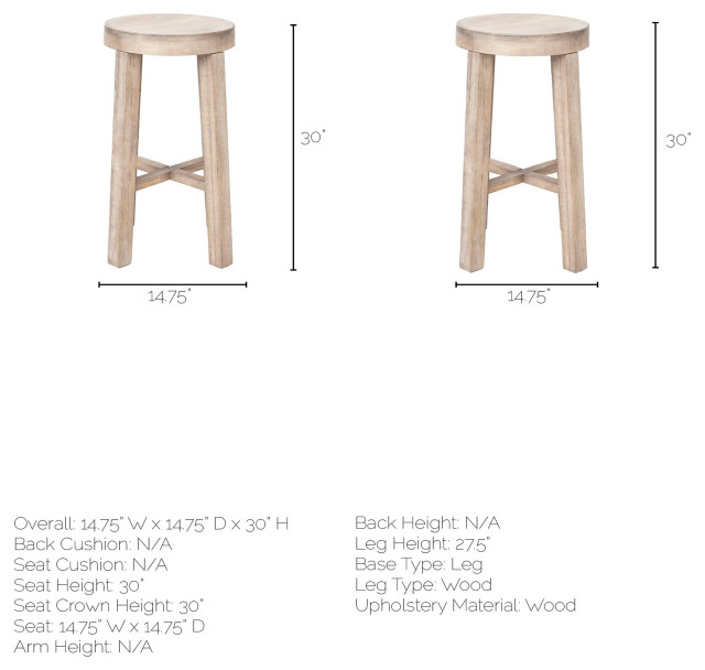 Brahma White Washed Solid Wood Bar Stool - Farmhouse - Bar Stools And ...