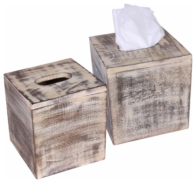 HomeRoots Set of 2 Rustic Yellow Washed Mango Wood Square Tissue ...