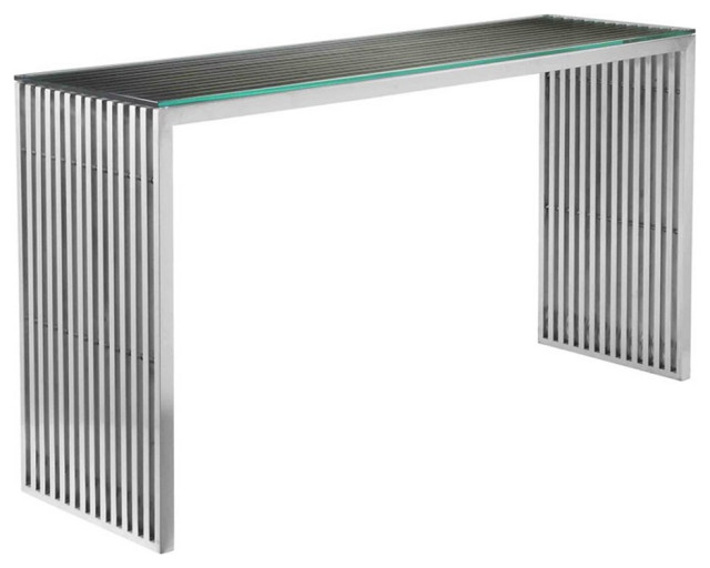 Pangea Home Lux Modern Brushed Steel Metal and Glass Console Table in ...