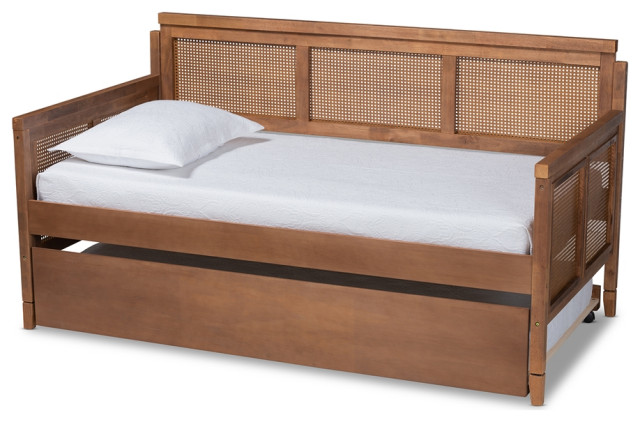 French Inspired Ash Walnut Finished Wood & Synthetic Rattan Daybed With ...