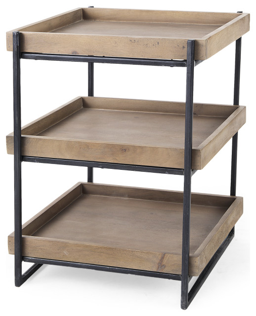 Trey III Medium Brown Solid Wood w/Black Iron Frame 3-Tiered Square ...