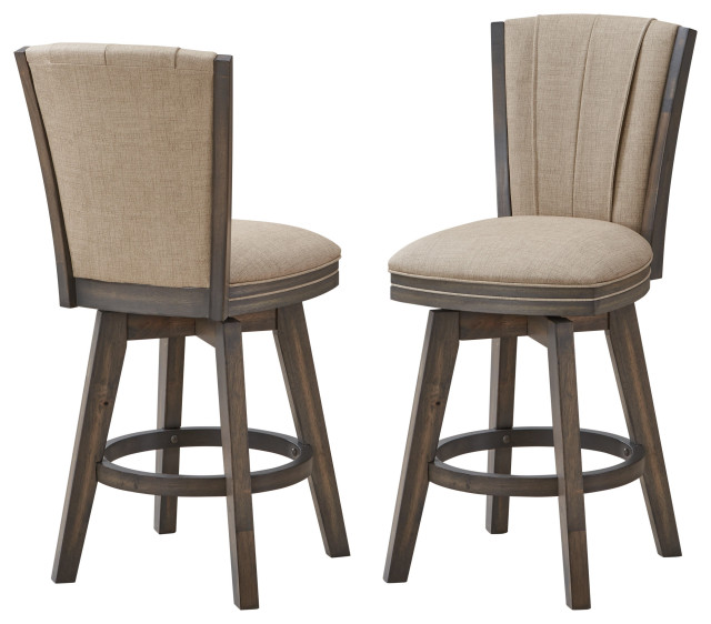 Lund Swivel Counter Height Stools, Beige Polyester and Gray Wood Legs ...
