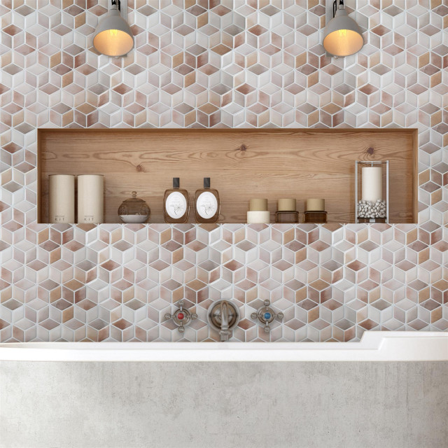 Beige Stone Hexacube Glossy 3D Tile Sticker, 12"x6", Set of 20 ...
