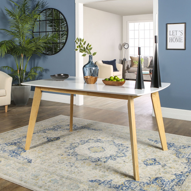 Midcentury Dining Table, Angled Natural Legs With Rectangular White ...